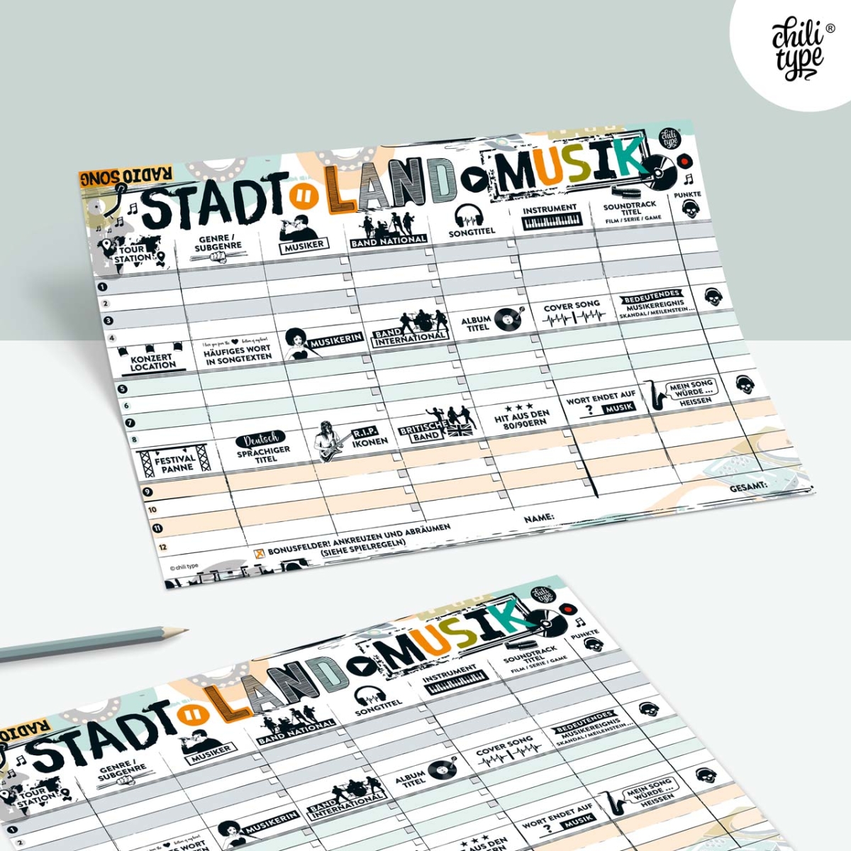 Stadt Land Fluss Spiel mit Musik Kategorien | chili type